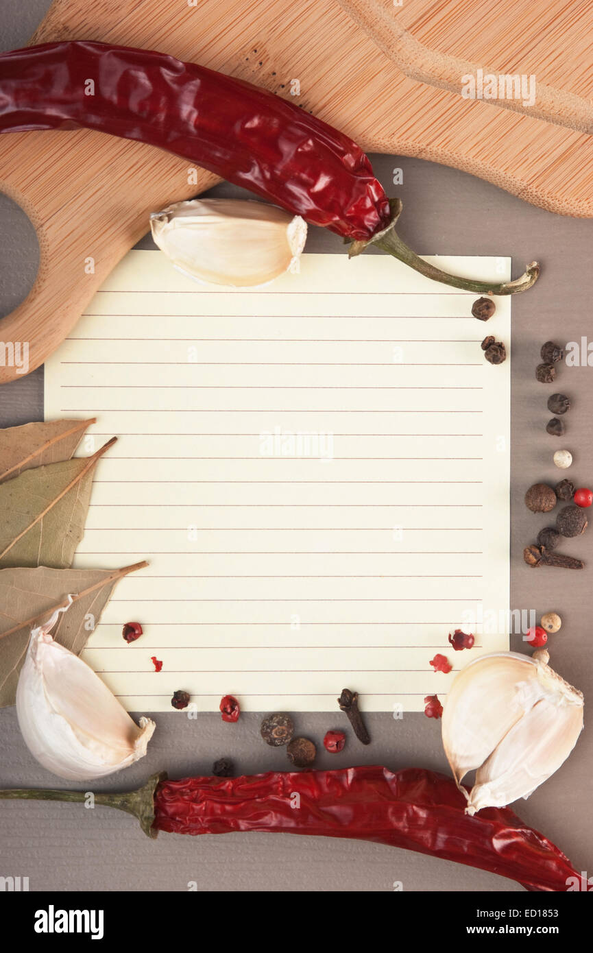blank sheet for cooking recipes and spices on the kitchen table Stock ...