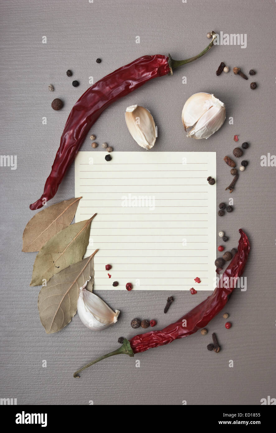 blank sheet for cooking recipes and spices on the kitchen table Stock ...