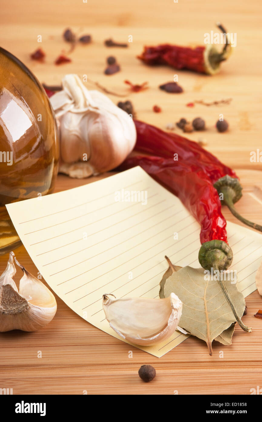 blank sheet for cooking recipes and spices on a wooden table Stock ...