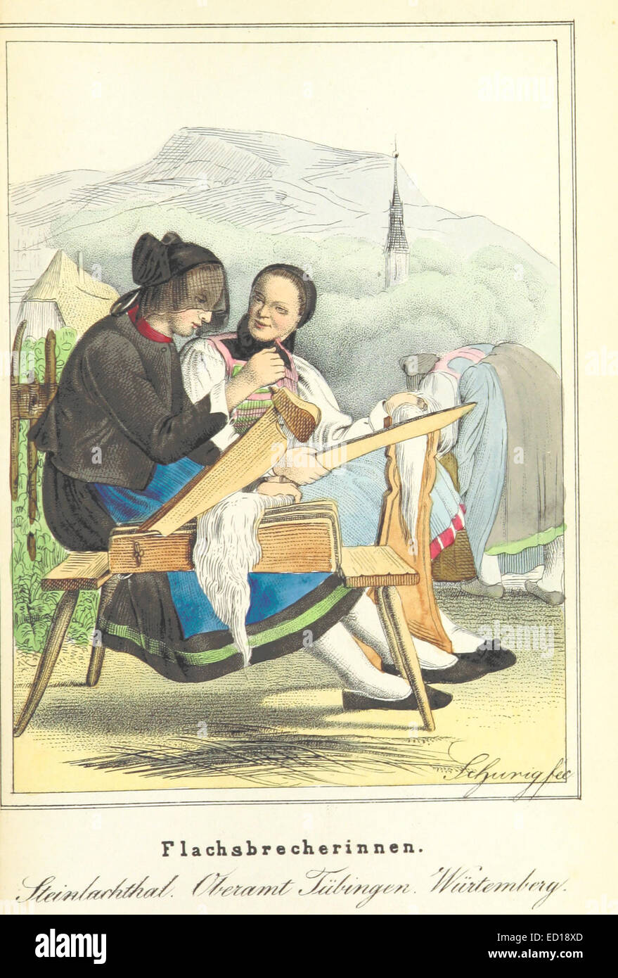 An 19th-century illustration depicting flax-breakers in Steinbachthal ...