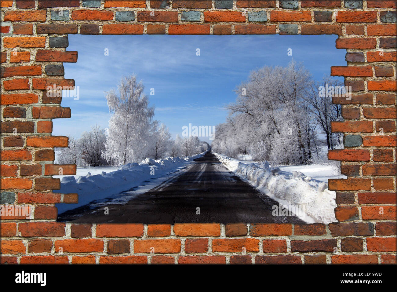 broken brick wall and view to Winter highway with beautiful trees in ...