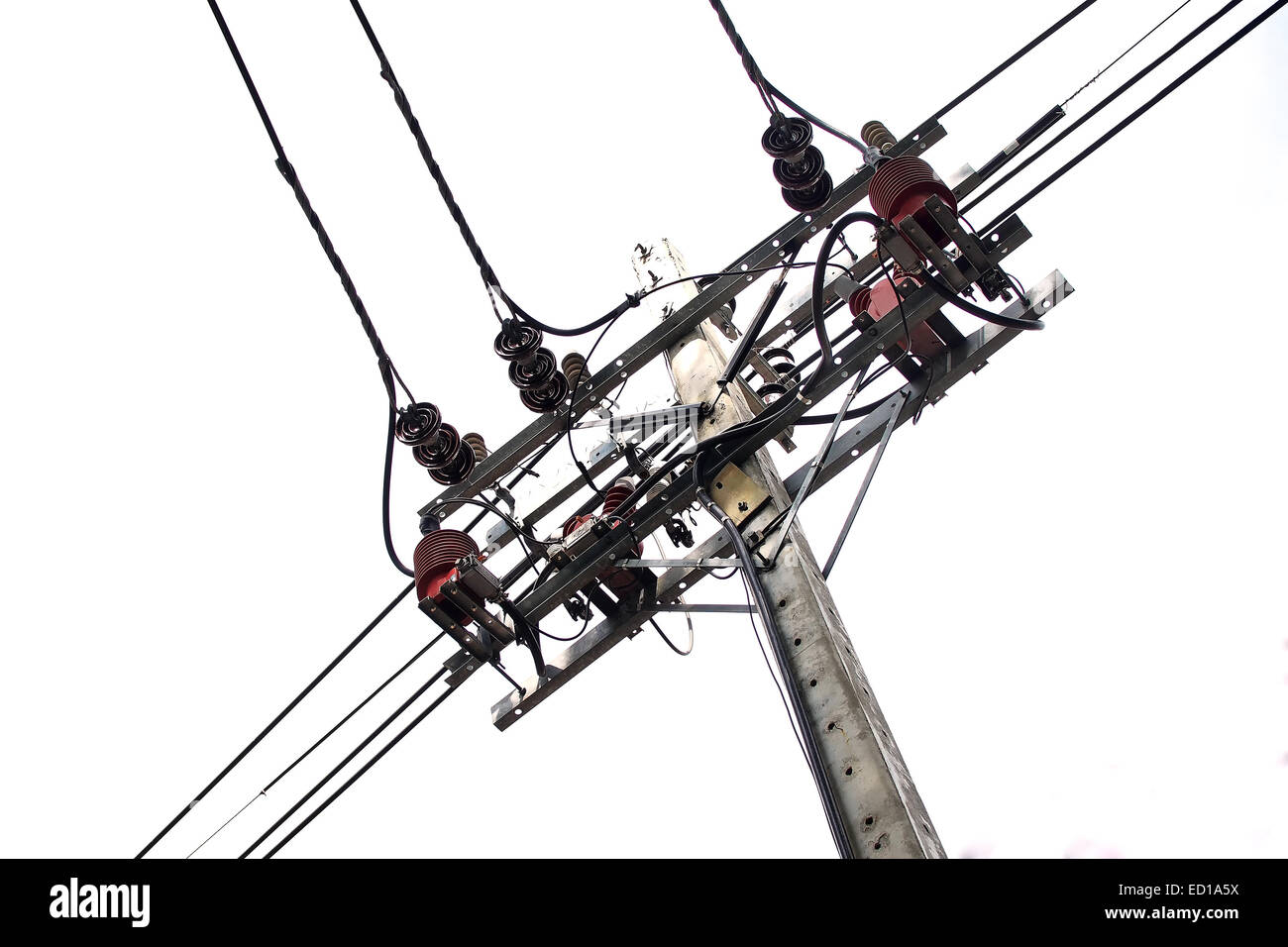 high voltage equipment on an electric pole isolated on white background ...