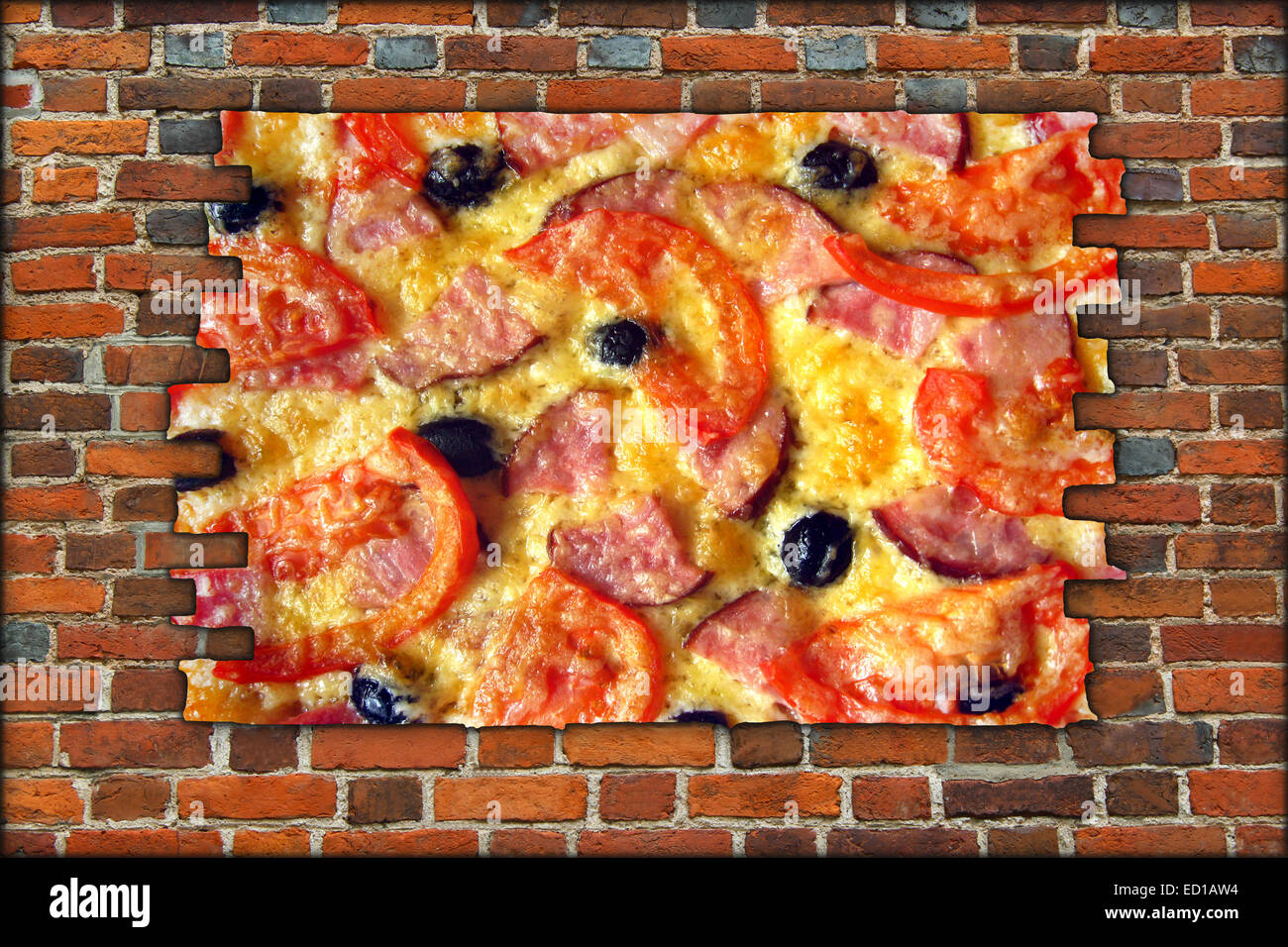 signboard for pizzeria in shape of broken brick wall and view to tasty ...