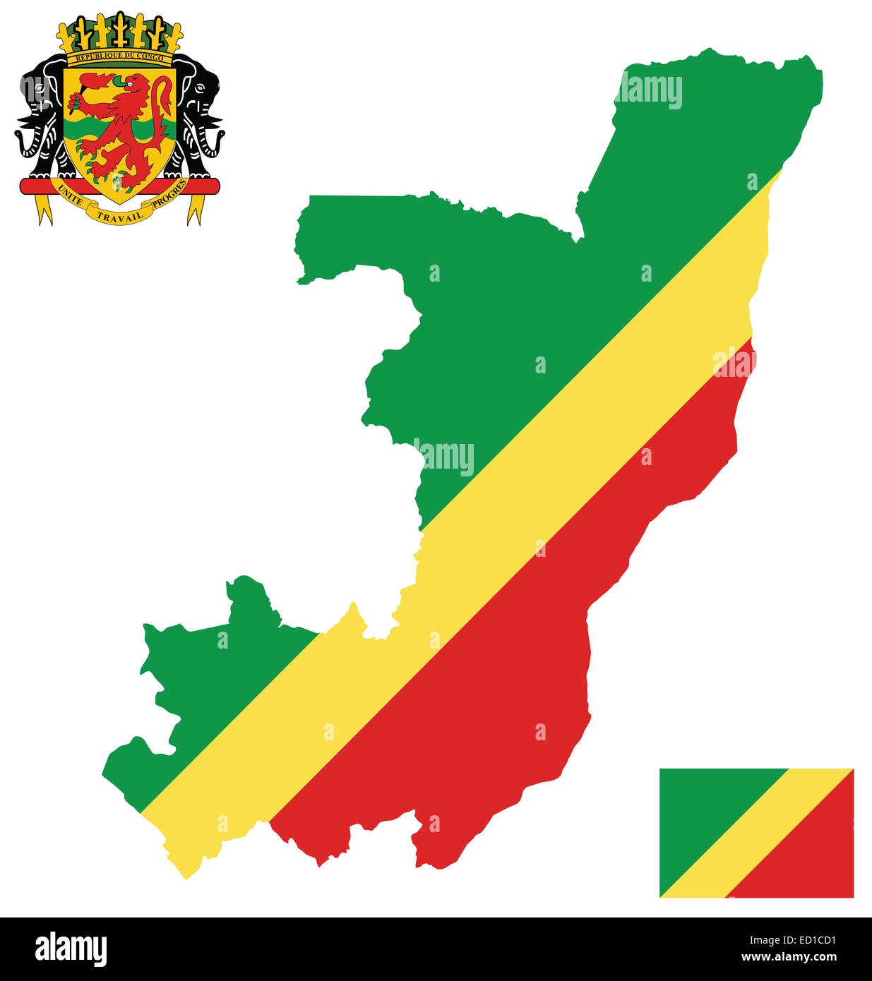 Flag and national emblem of the Republic of Congo overlaid on outline ...