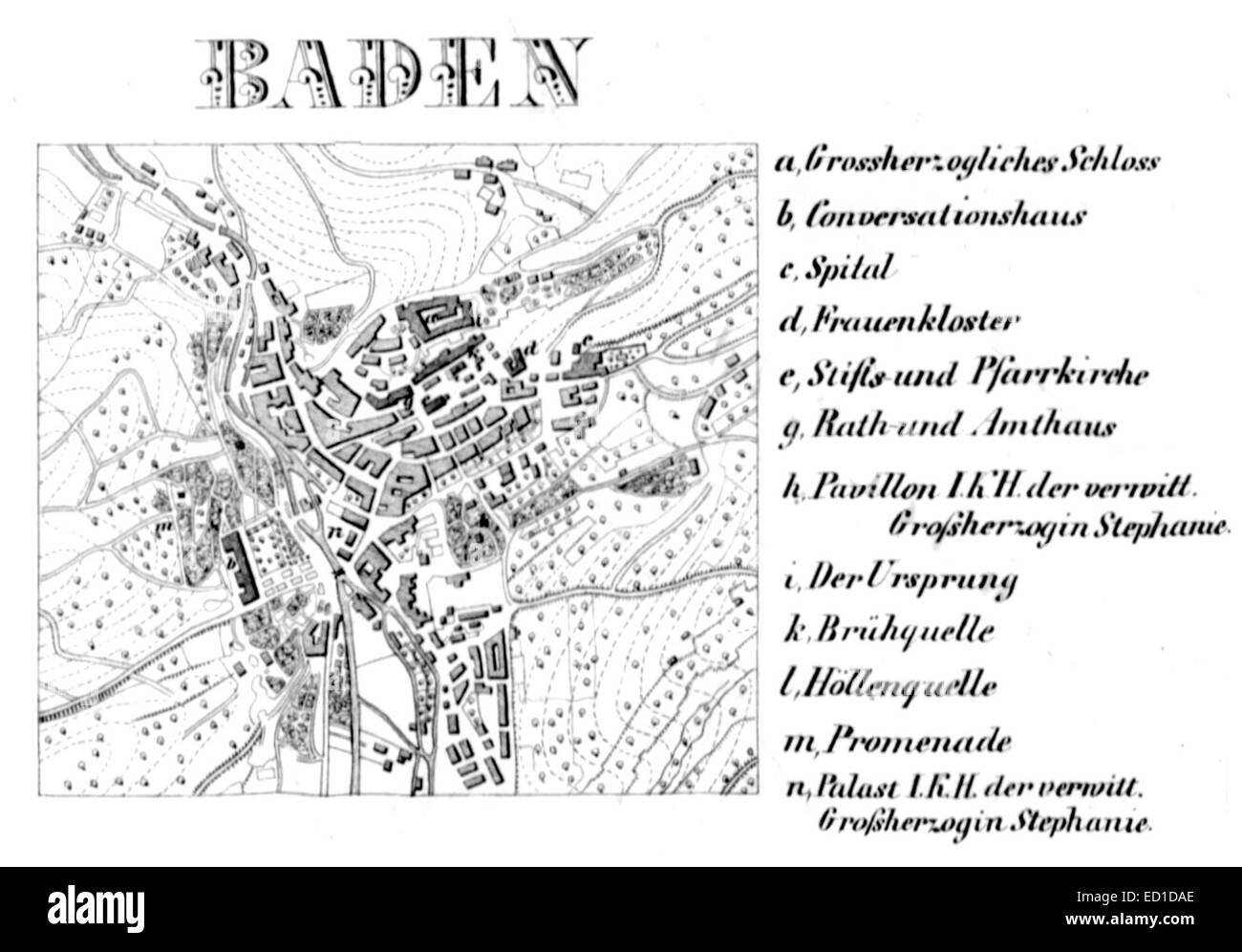 A circa 1840 plan of Baden-Baden, showcasing the layout and key ...
