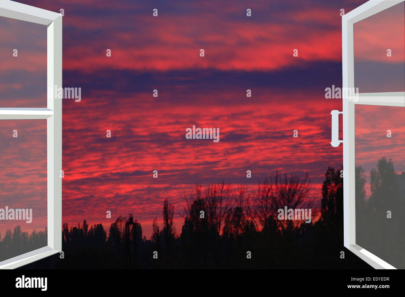 white window opened to the beautiful scarlet sunset Stock Photo - Alamy