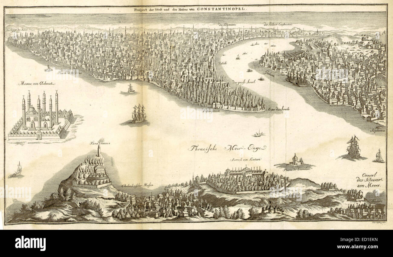 A historical map and illustration depicting the city and harbor of ...