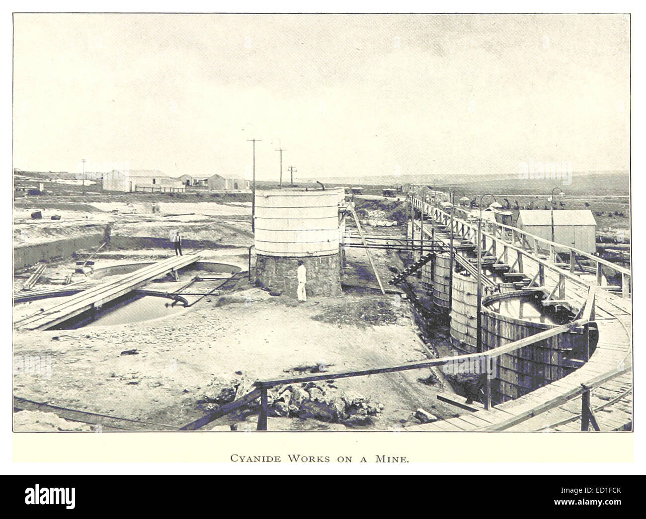 A 1899 illustration from South Africa depicting cyanide works at a mine ...