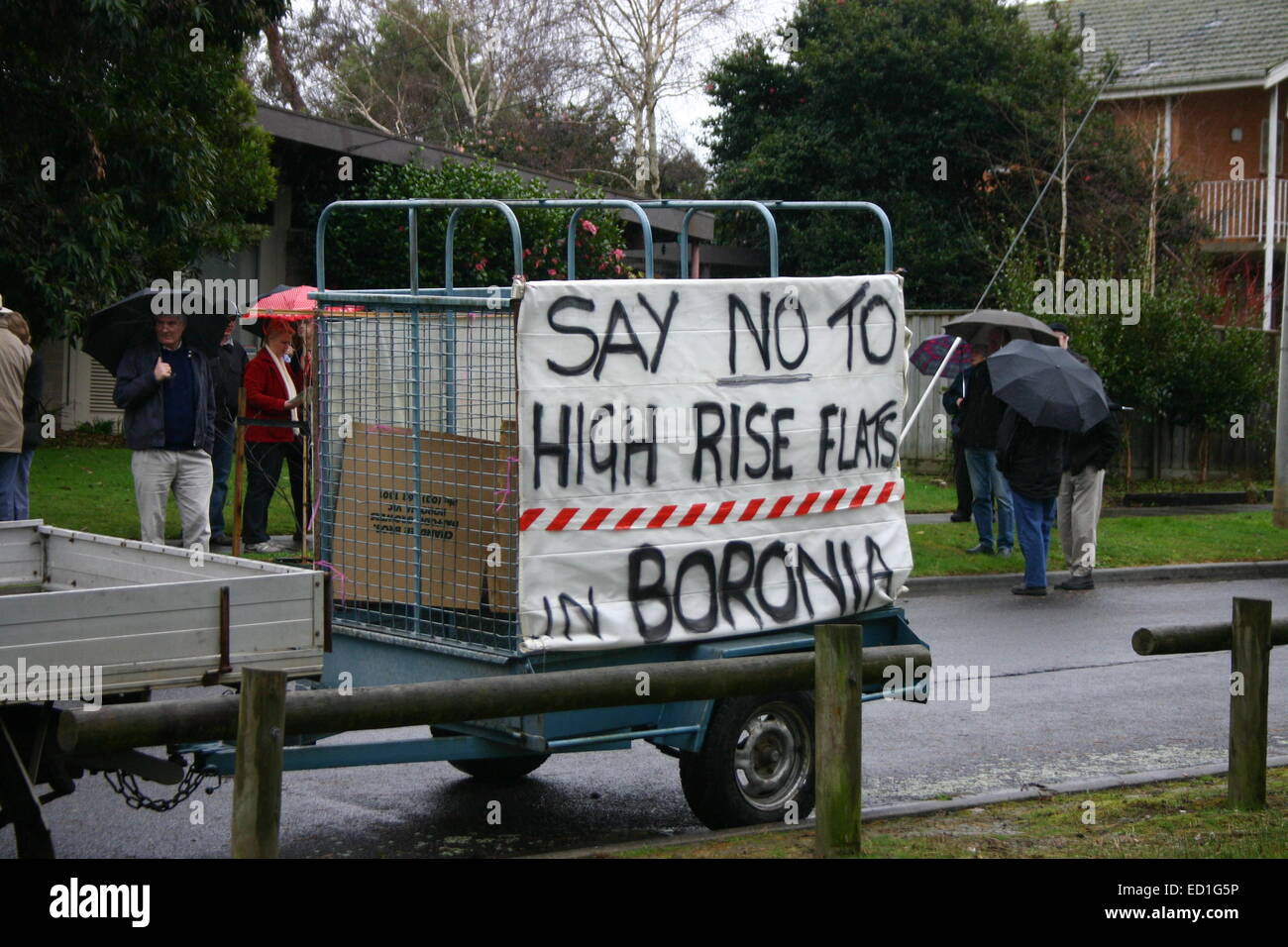 Protest sign in Boronia, at a public protest against high rise housing ...