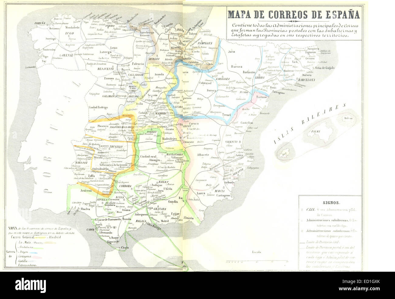 This 1857 map illustration shows the postal system of Spain ...
