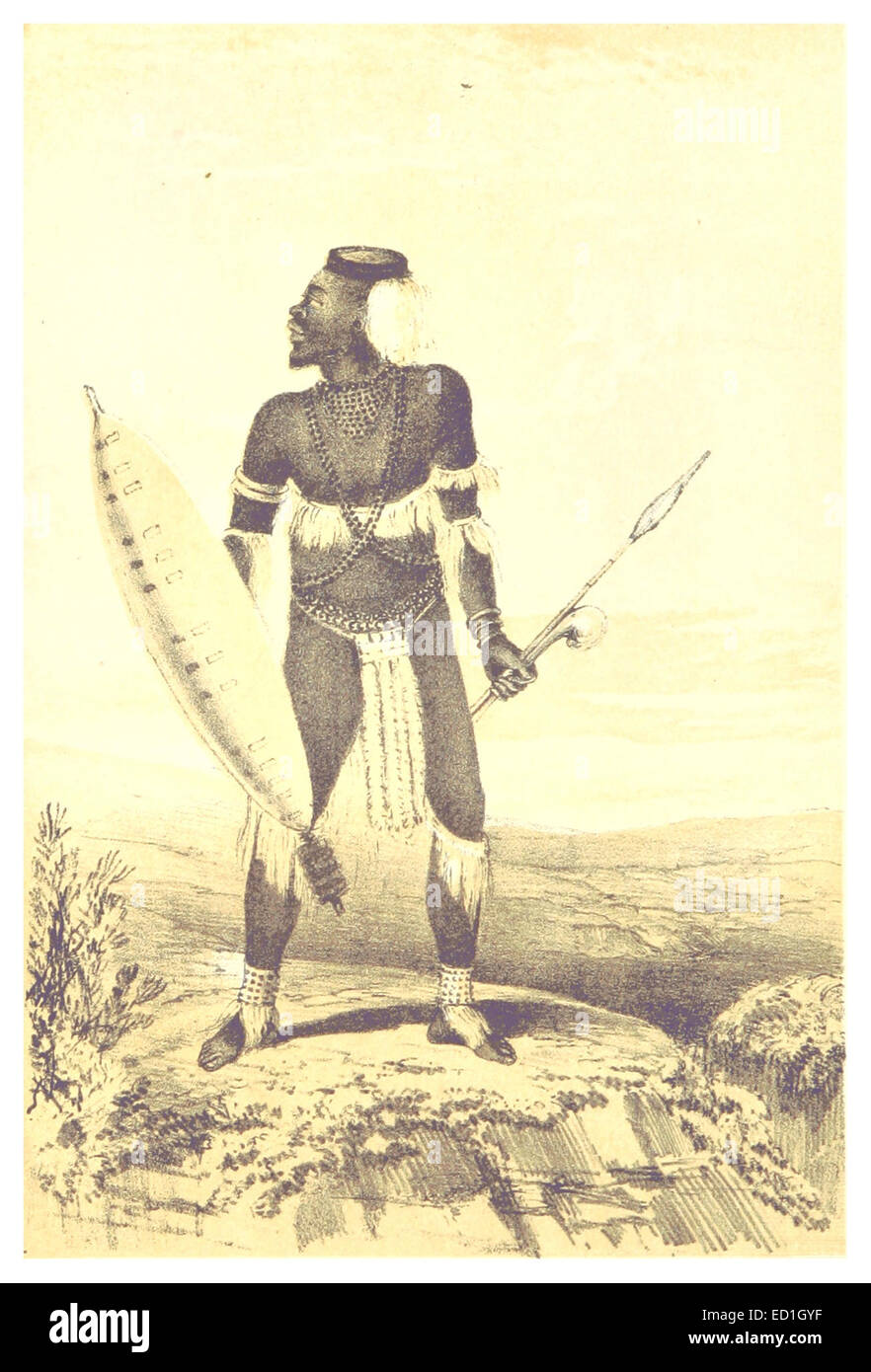 A depiction of a man on a journey, carrying a shield and assagai (a ...