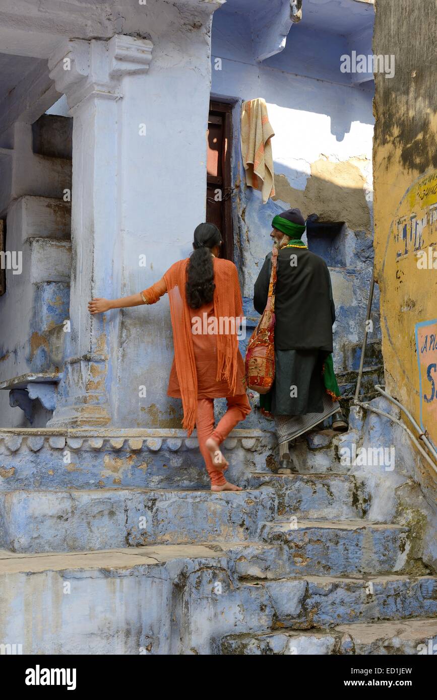India, Rajasthan, Mewar region, Bundi village, lane atmosphere in the ...