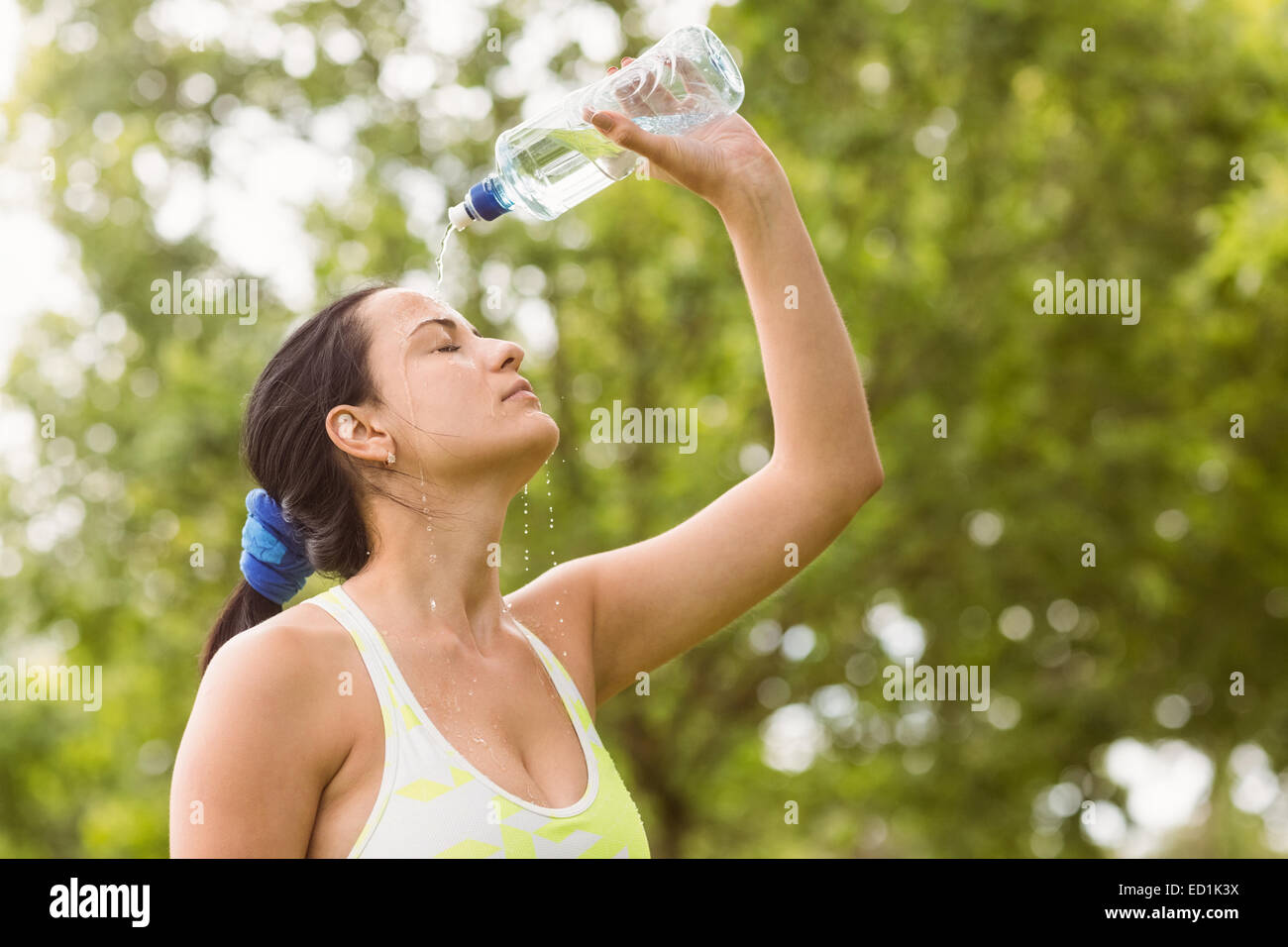 Pretty brunette pouring water over herself Stock Photo - Alamy