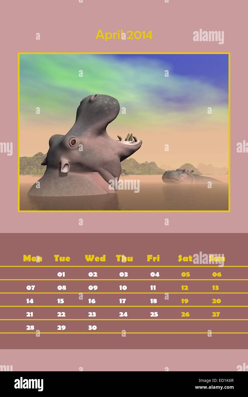 Colorful english calendar for april 2014 - hippopotamus open mouth in ...