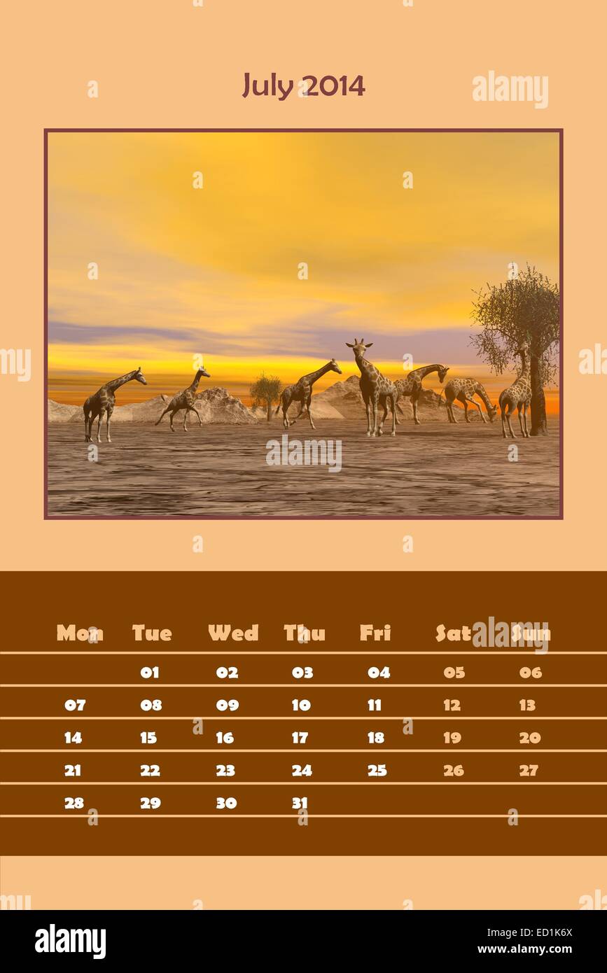 Colorful english calendar for july 2014 - giraffes in the savannah, 3D ...