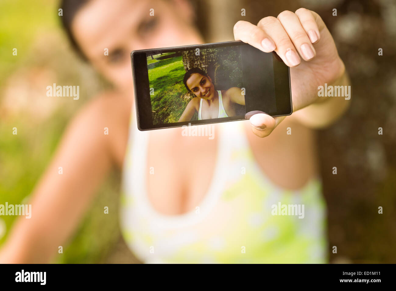Fit Brunette Taking A Selfie Stock Photo Alamy