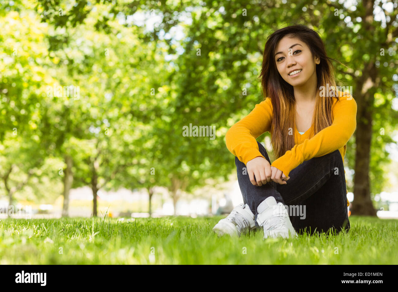 Beautiful woman sitting on grass hi-res stock photography and images ...