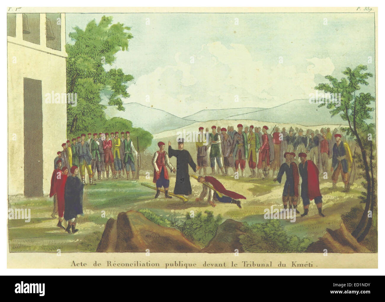 This 19th-century illustration depicts a public reconciliation act ...