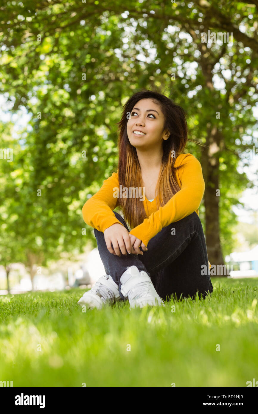 Beautiful relaxed woman sitting on grass at park Stock Photo - Alamy