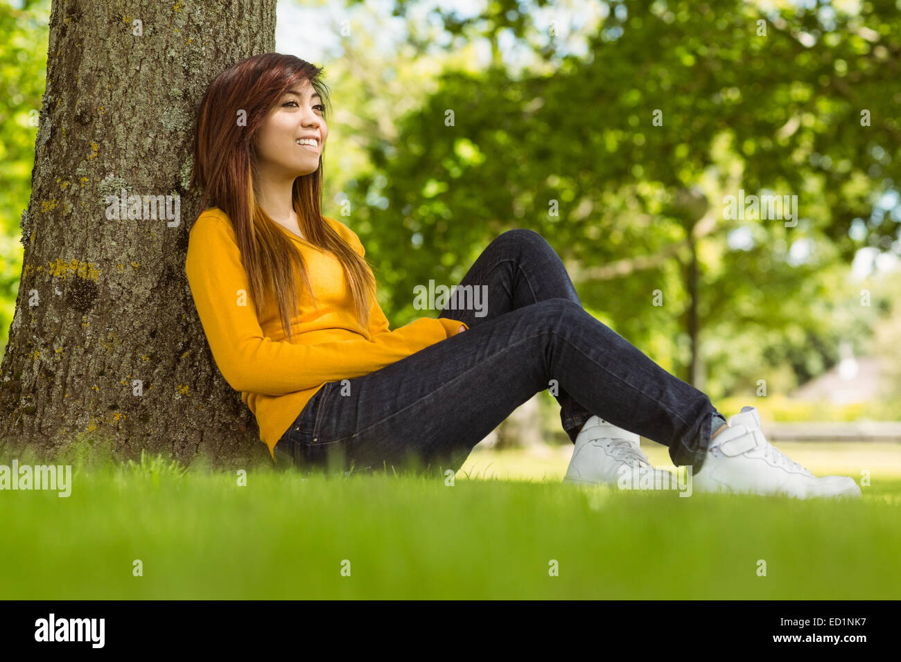 Woman sitting against tree trunk hi-res stock photography and images ...