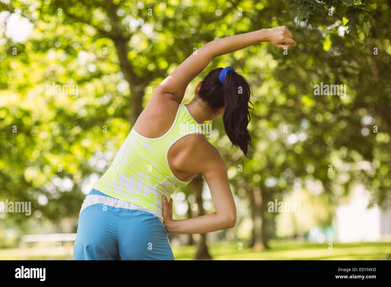 Rear view of a athletic brunette stretching Stock Photo - Alamy