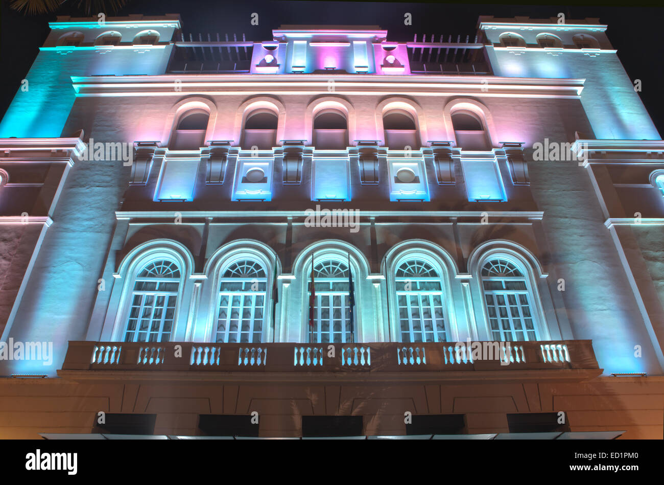 Building facade illuminated with several colors led lights Stock Photo ...