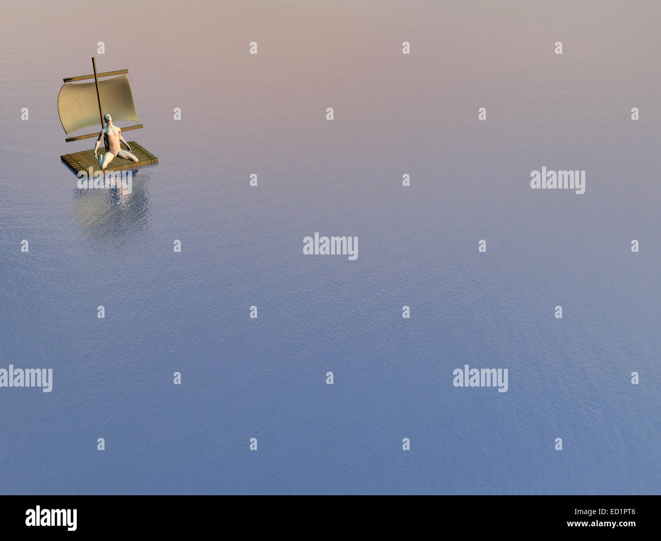 Hopeless man on raft lost in middle of the ocean Stock Photo - Alamy