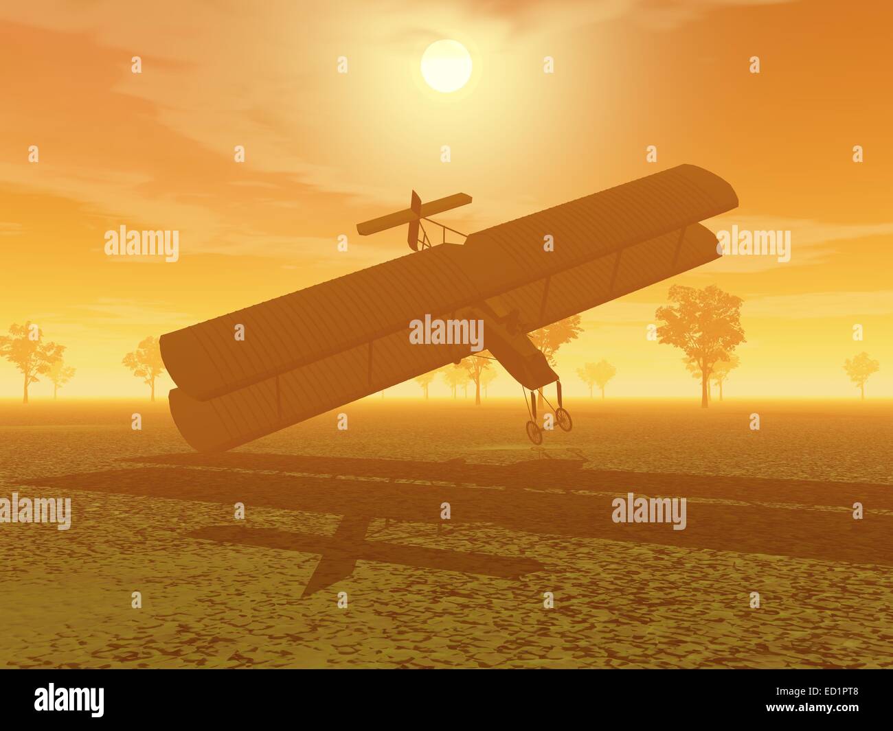 Biplane crashed in nature by orange sunset Stock Photo - Alamy