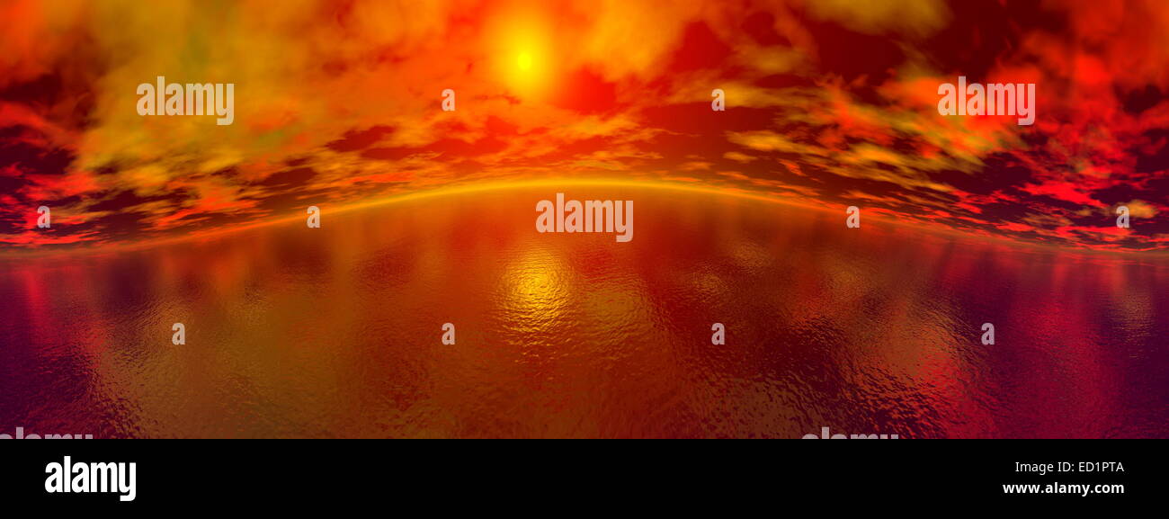 Beautiful panorama of red sunset upon the ocean, 360 degrees effect ...