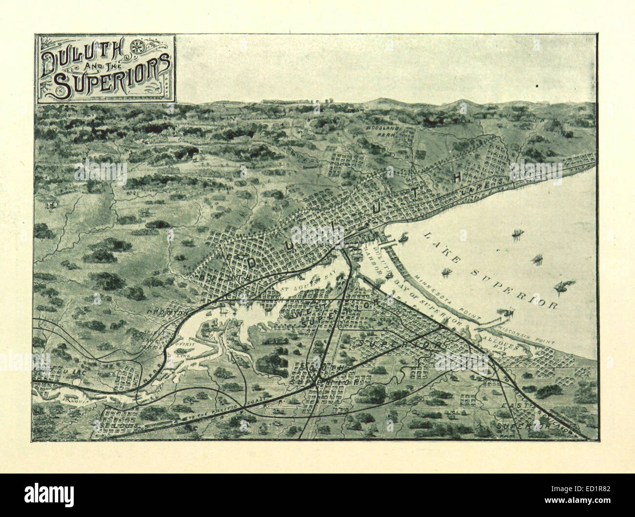 This 1893 illustration by Wheeler depicts the city of Duluth and Lake ...