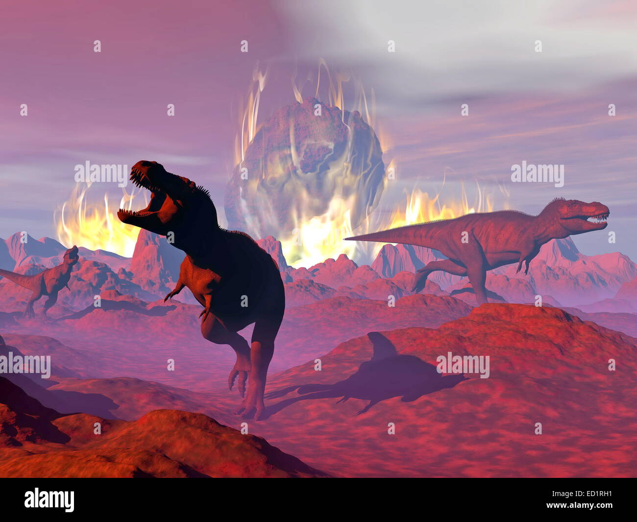 Tyrannosaurus dinosaurs escaping or dying because of heat and fire due ...