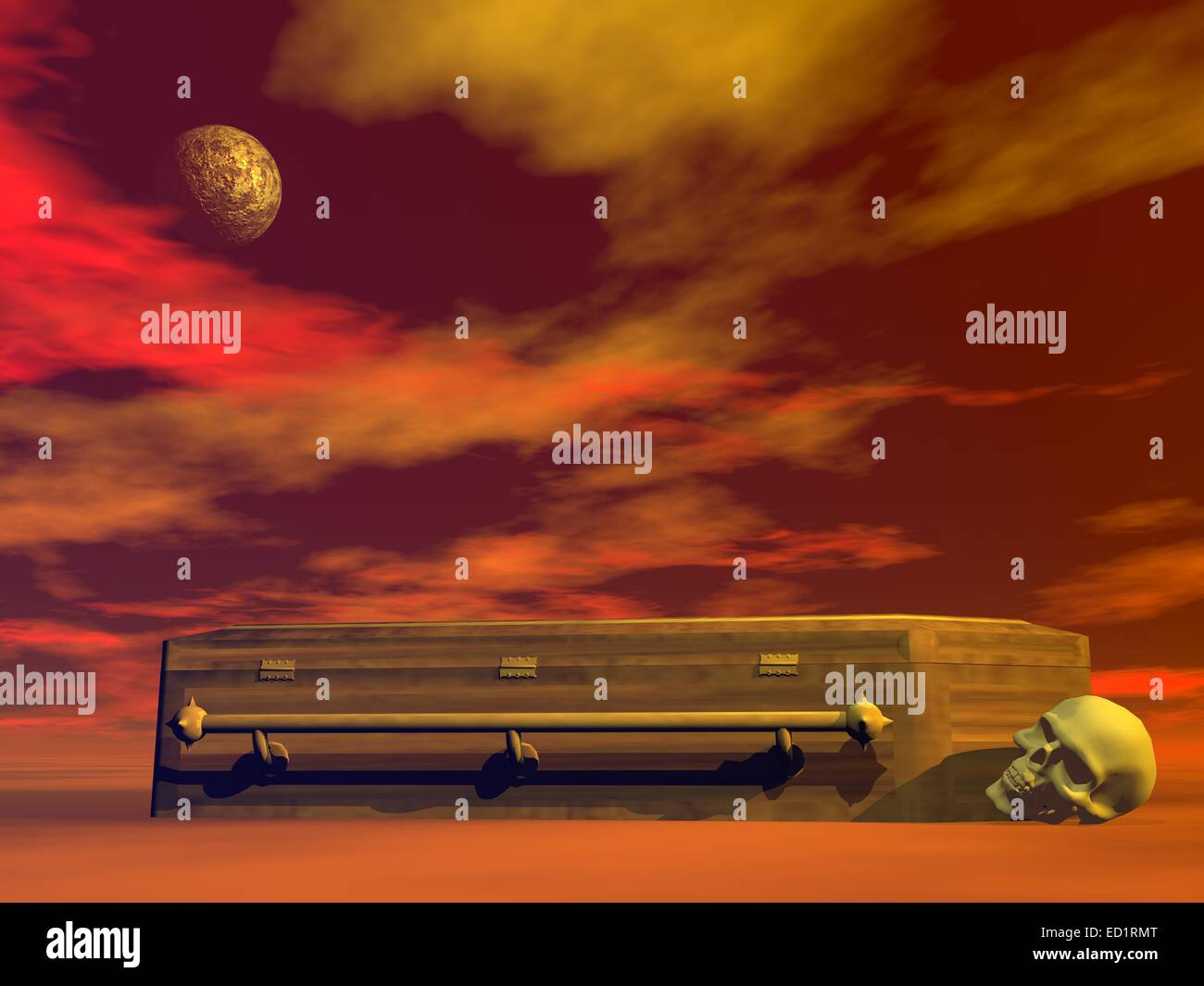 Macabre scene with skull next to a wooden coffin in dark red night ...
