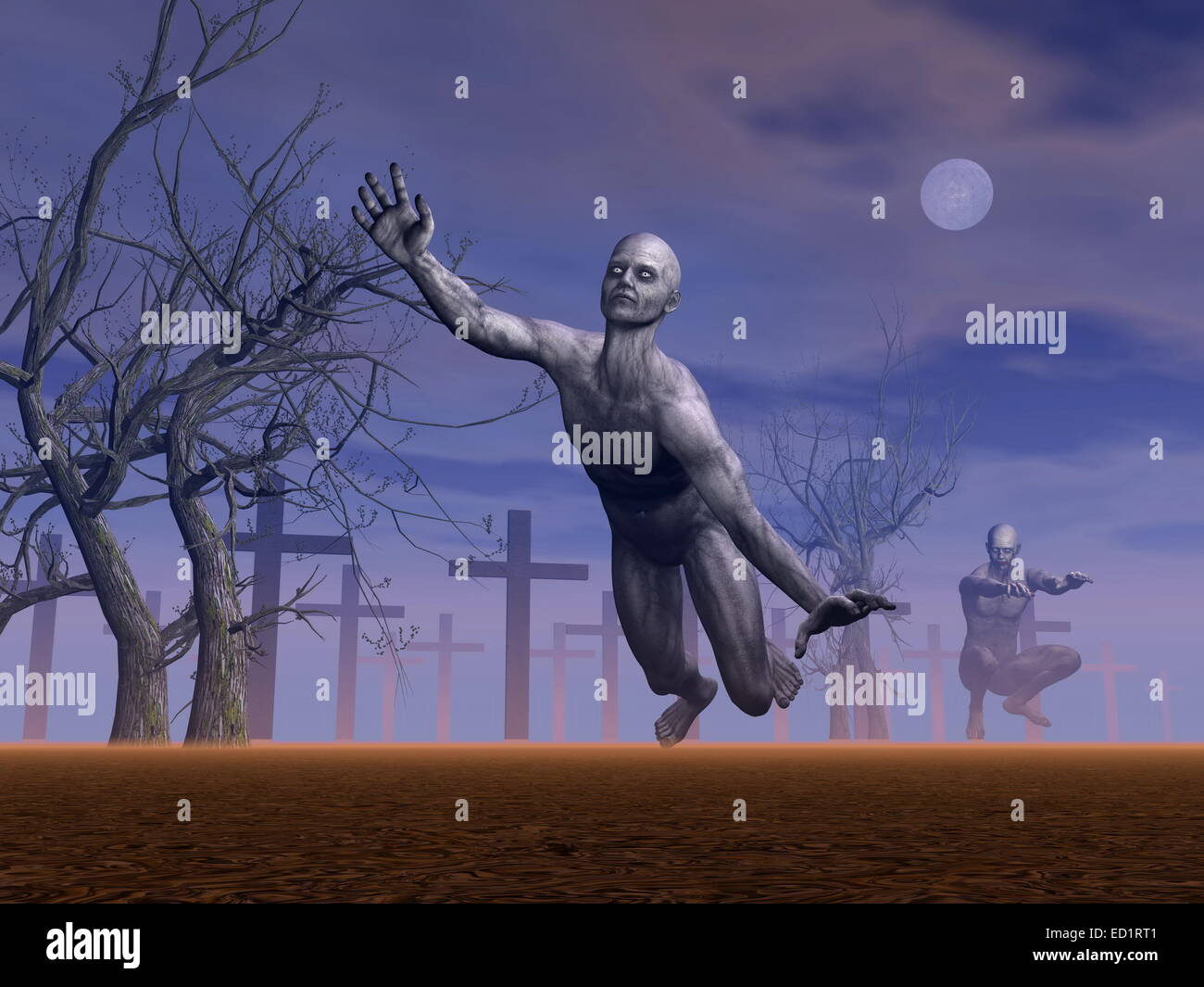 Two zombies moving in a cemetery next to dead trees by grey full moon ...