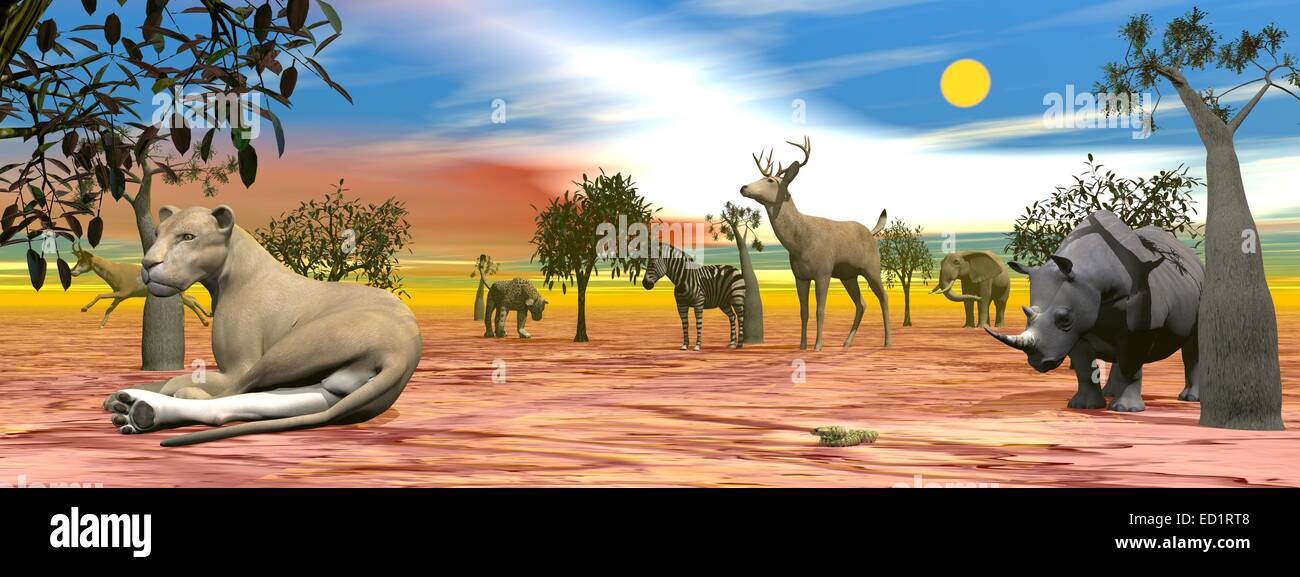 Savannah scenery with various african animals by sunset Stock Photo - Alamy