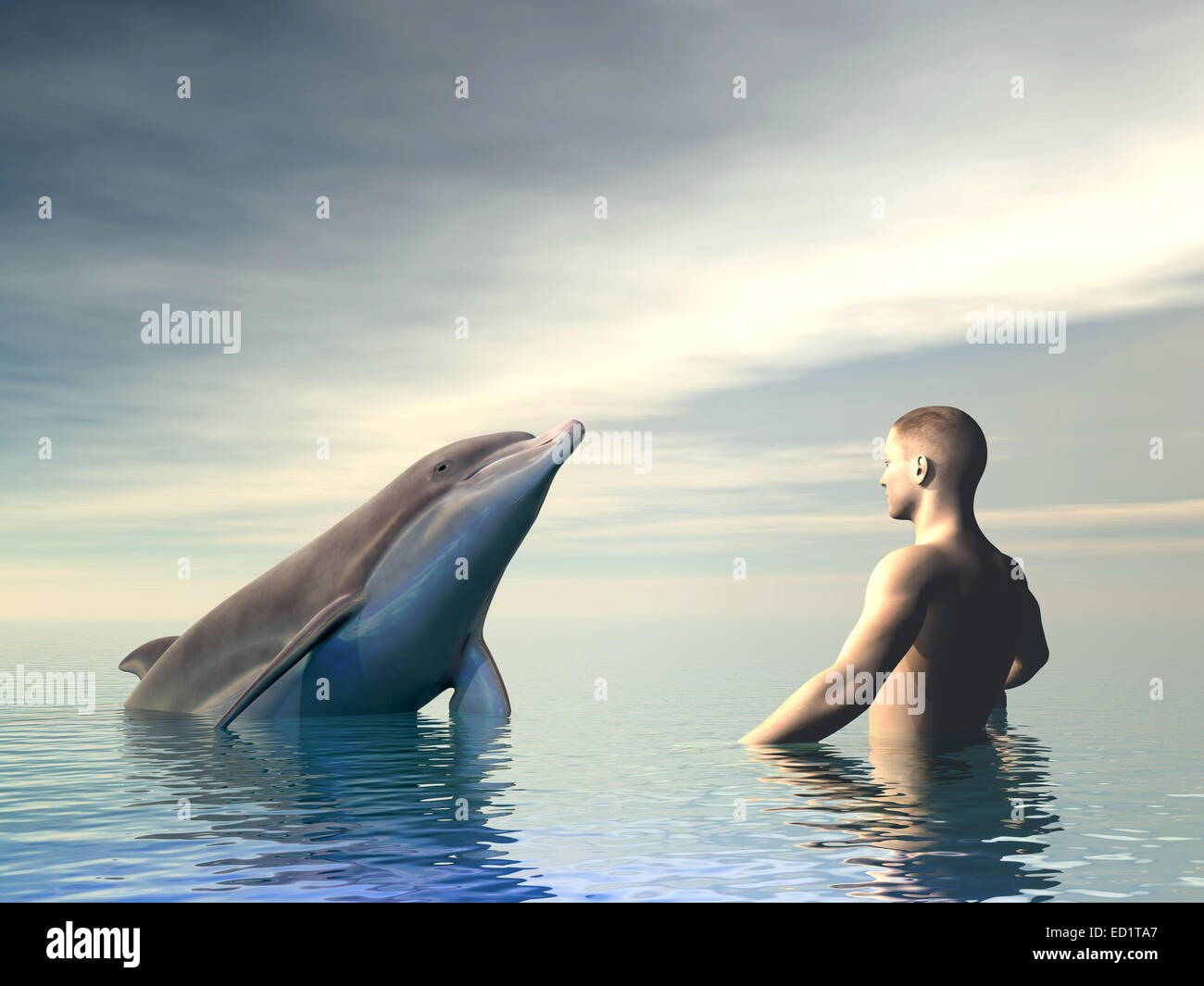 Man in front of a dolphin into the ocean by cloudy weather Stock Photo ...