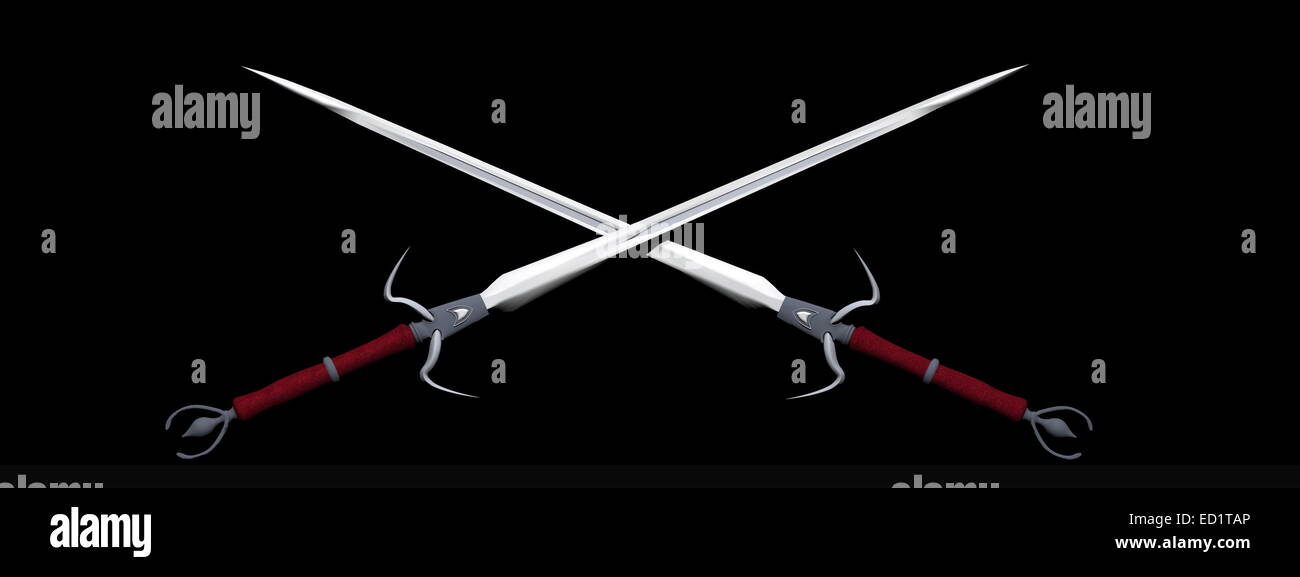 Two crossed metallic swords in black background Stock Photo - Alamy