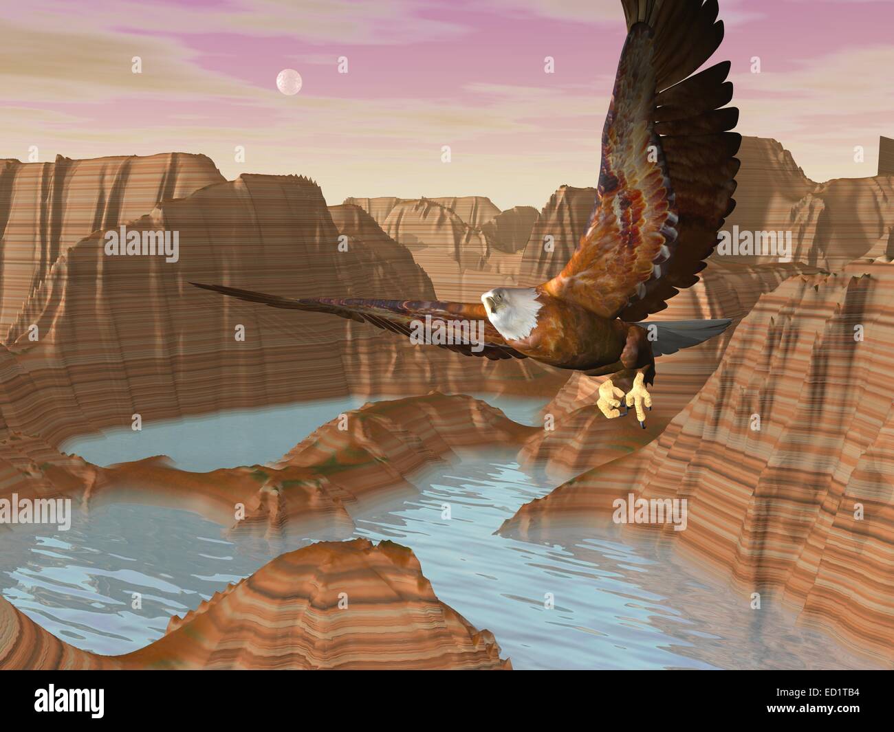 Beautiful eagle flying above canyons with river by full moon light ...