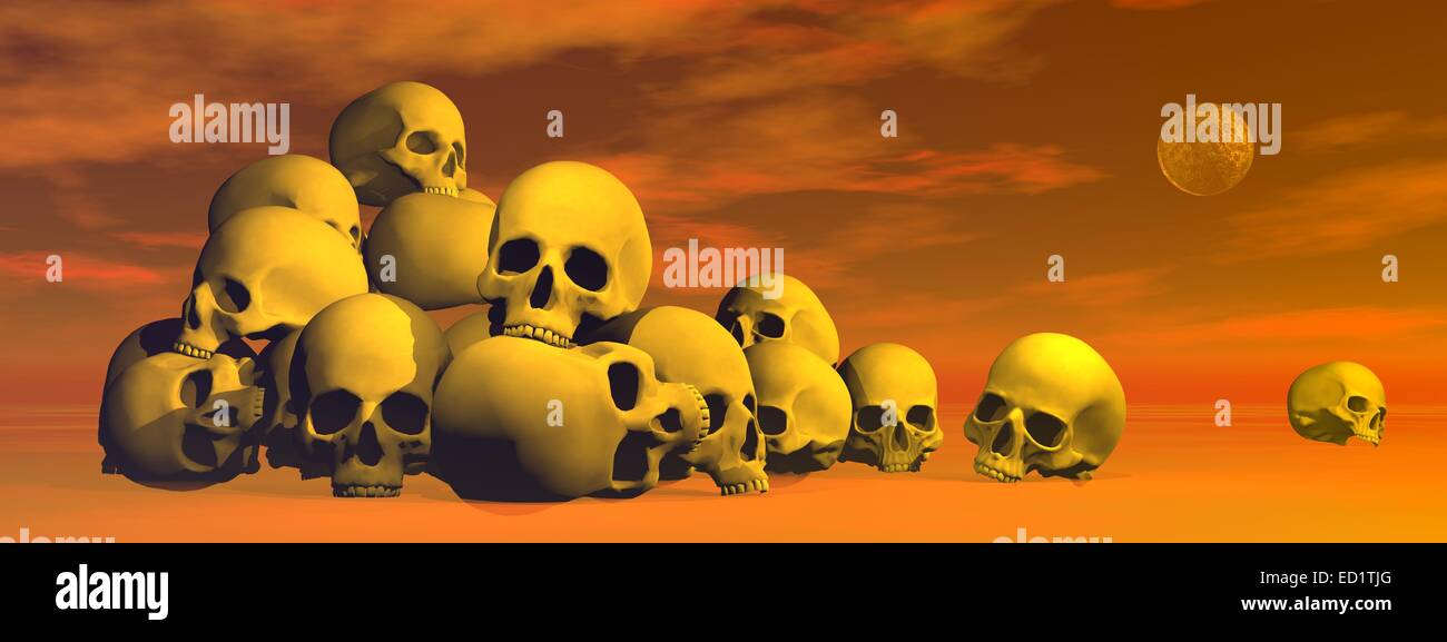 Pile of skulls in cloudy red background with full moon Stock Photo - Alamy