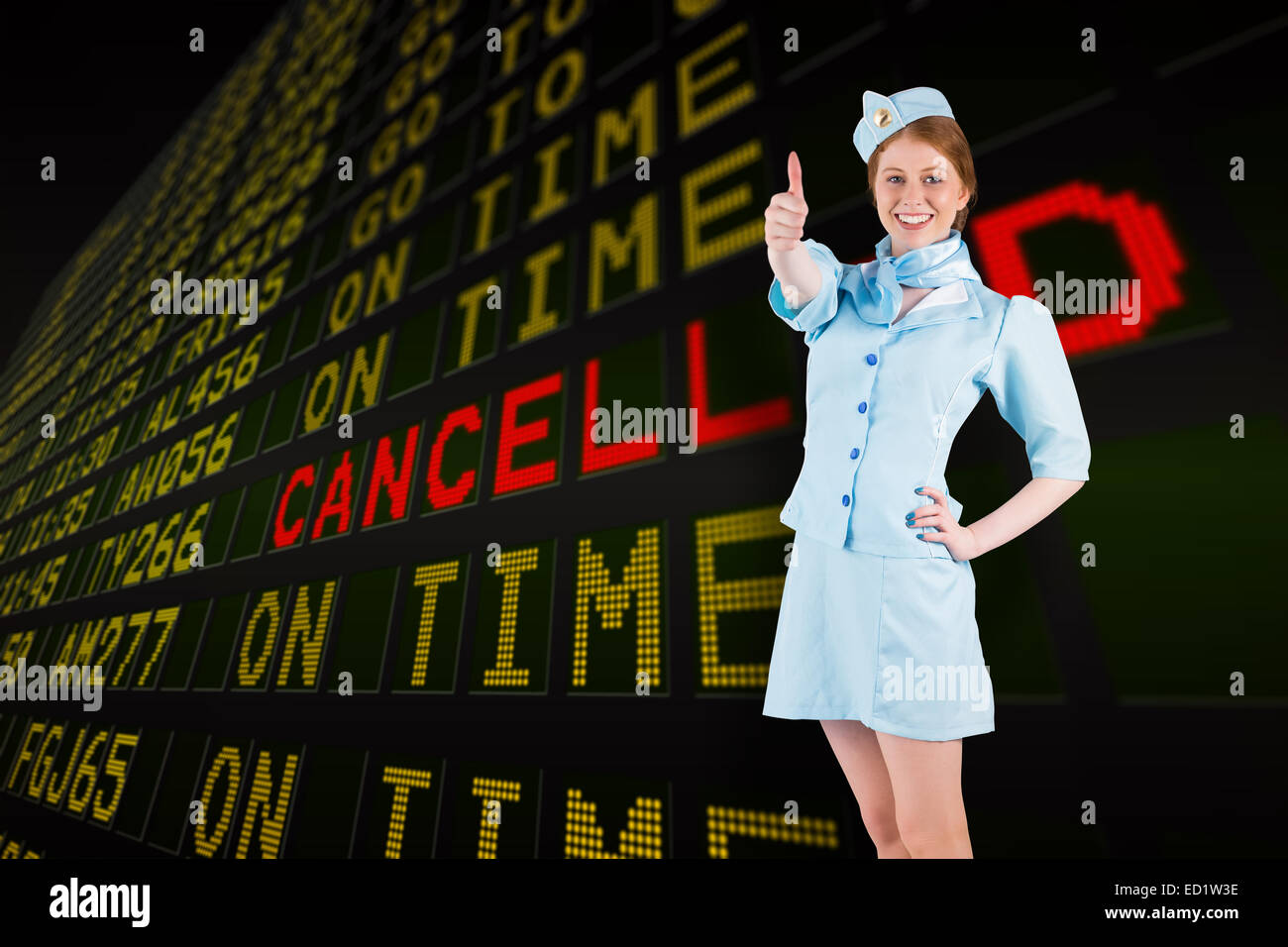 Composite image of pretty air hostess with hand on hip Stock Photo - Alamy