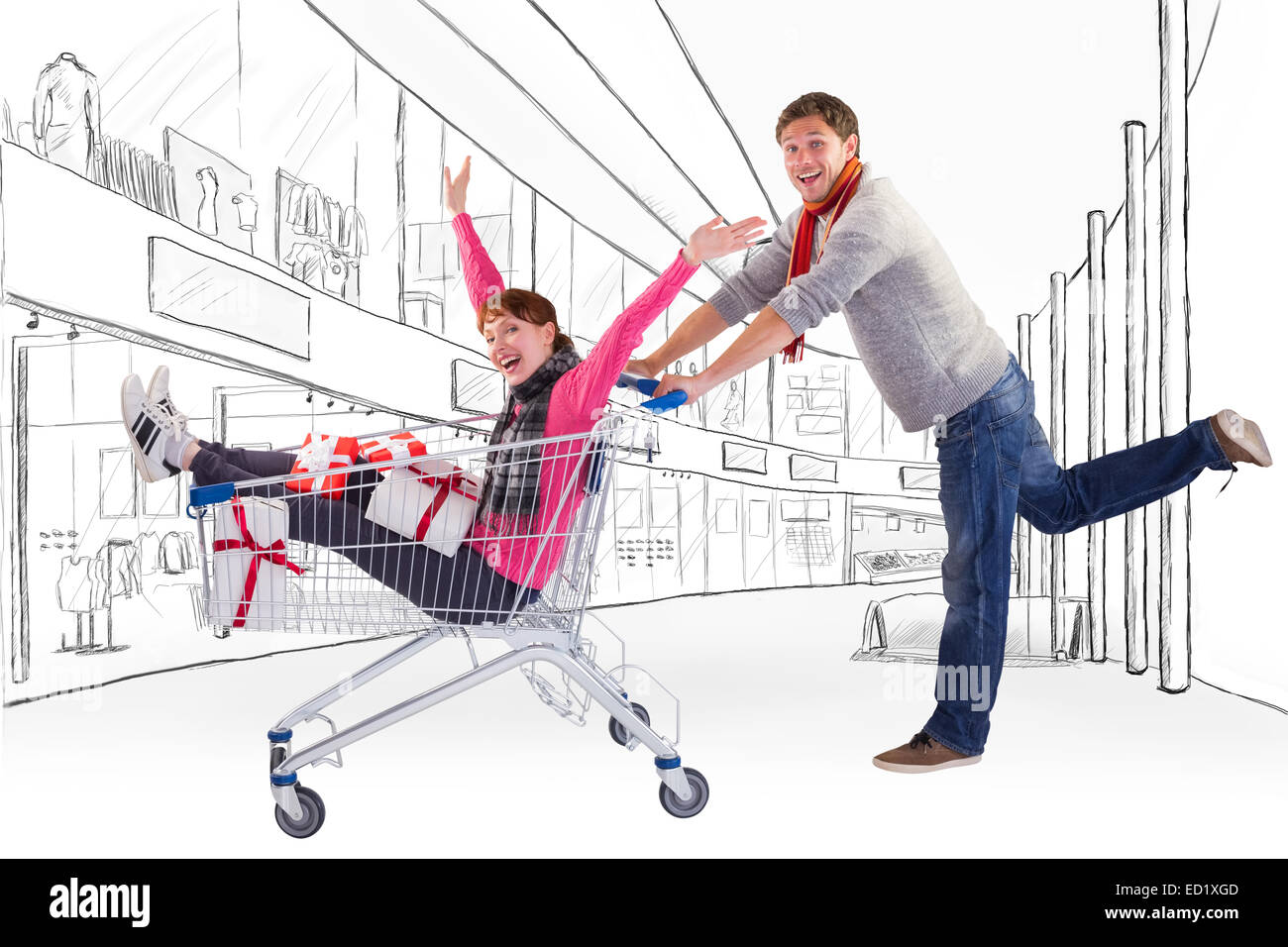 Composite image of man pushing woman in trolley Stock Photo - Alamy