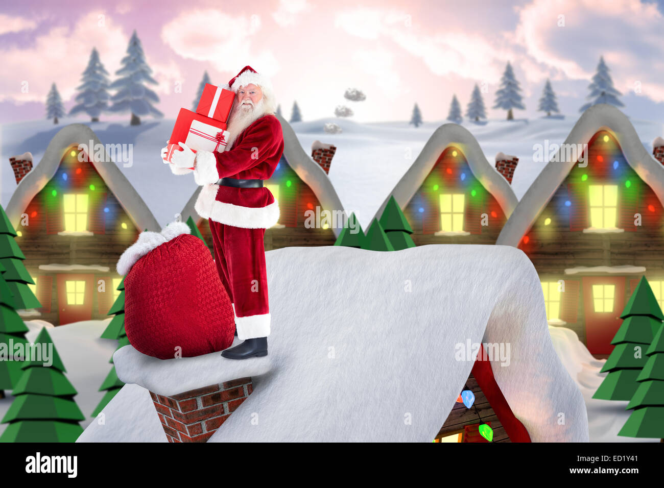 Composite image of santa on cottage roof Stock Photo - Alamy