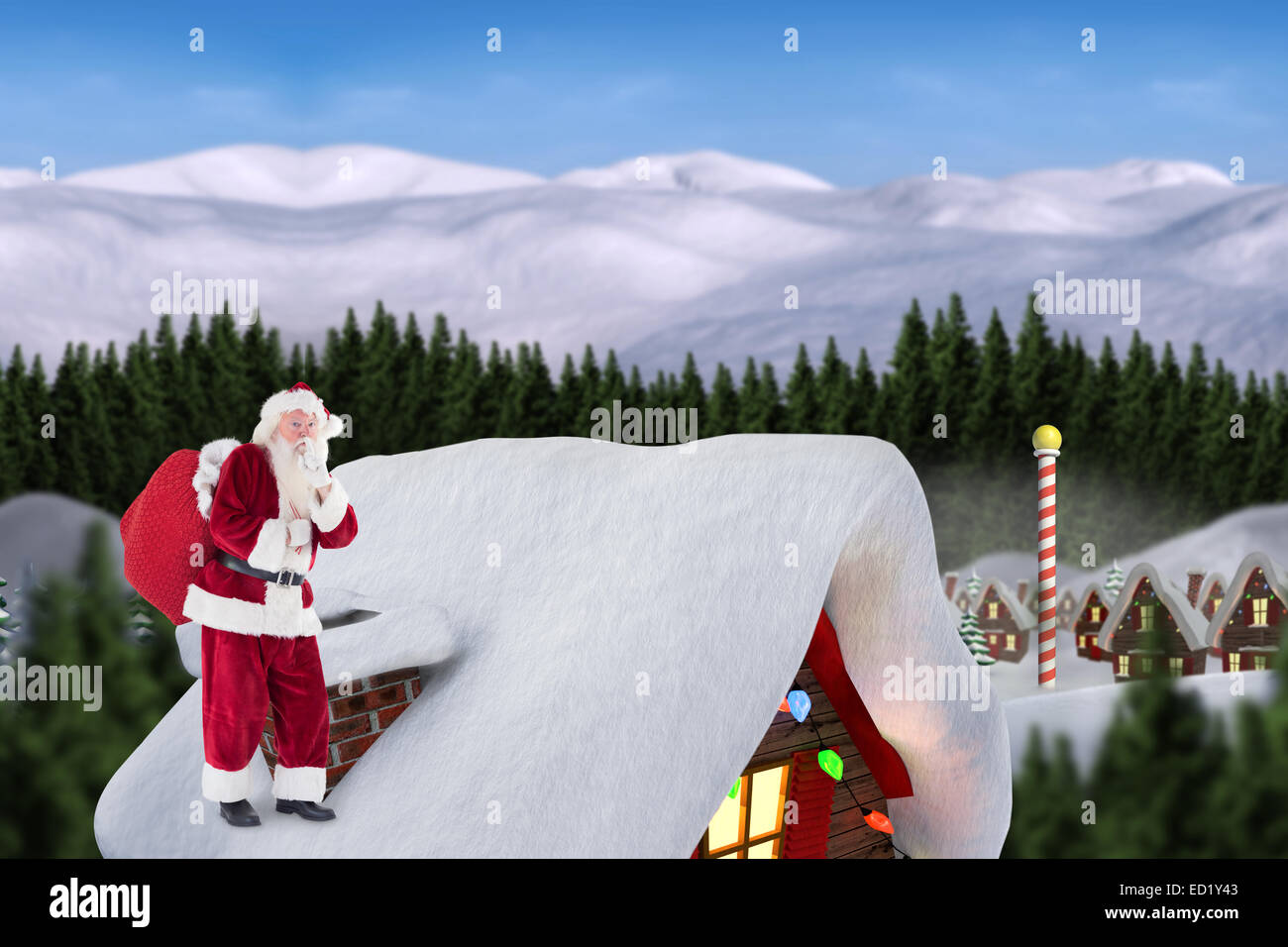 Composite image of santa on cottage roof Stock Photo - Alamy