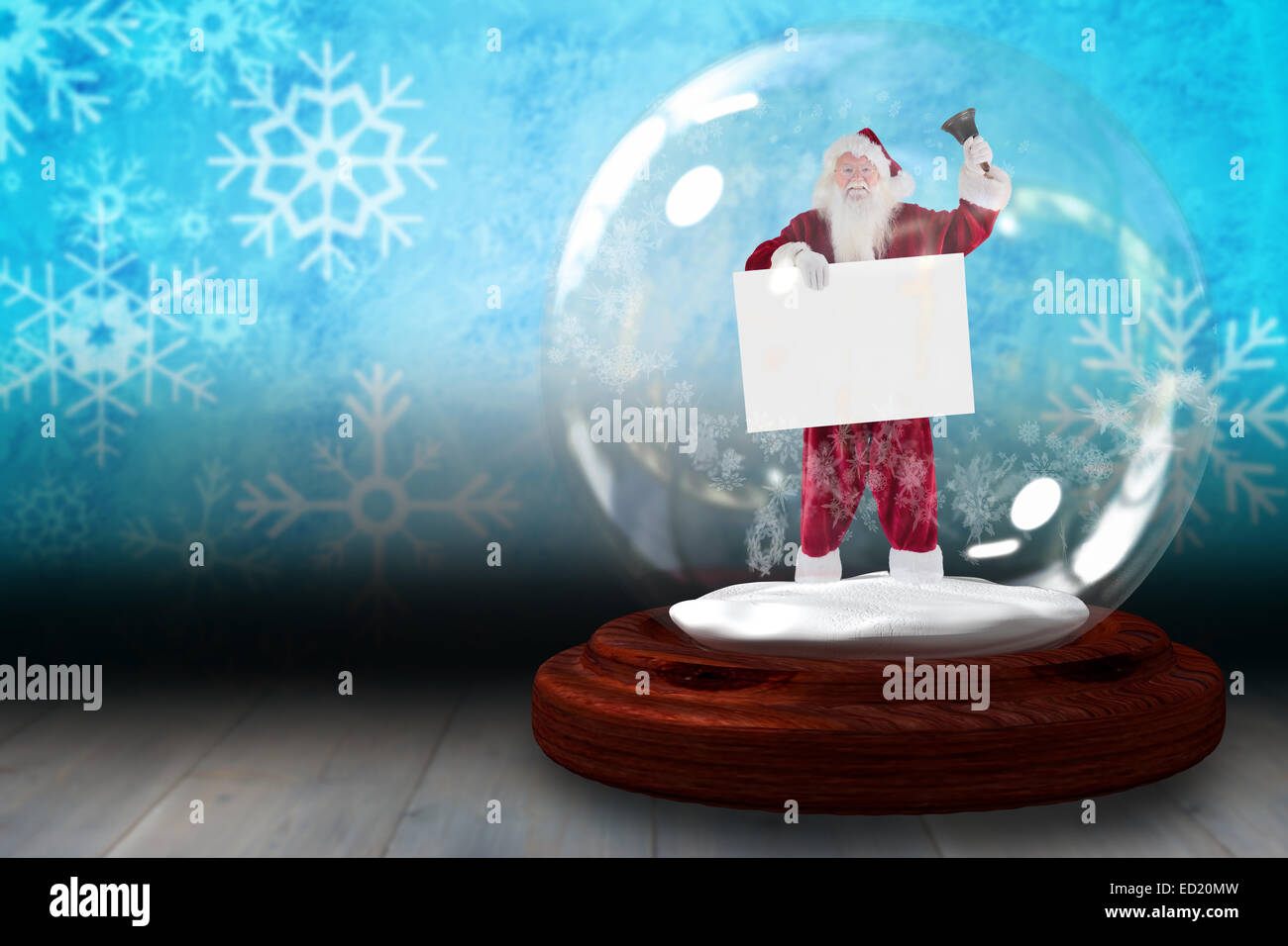 Santa ringing bell and holding sign in snow globe Stock Photo - Alamy