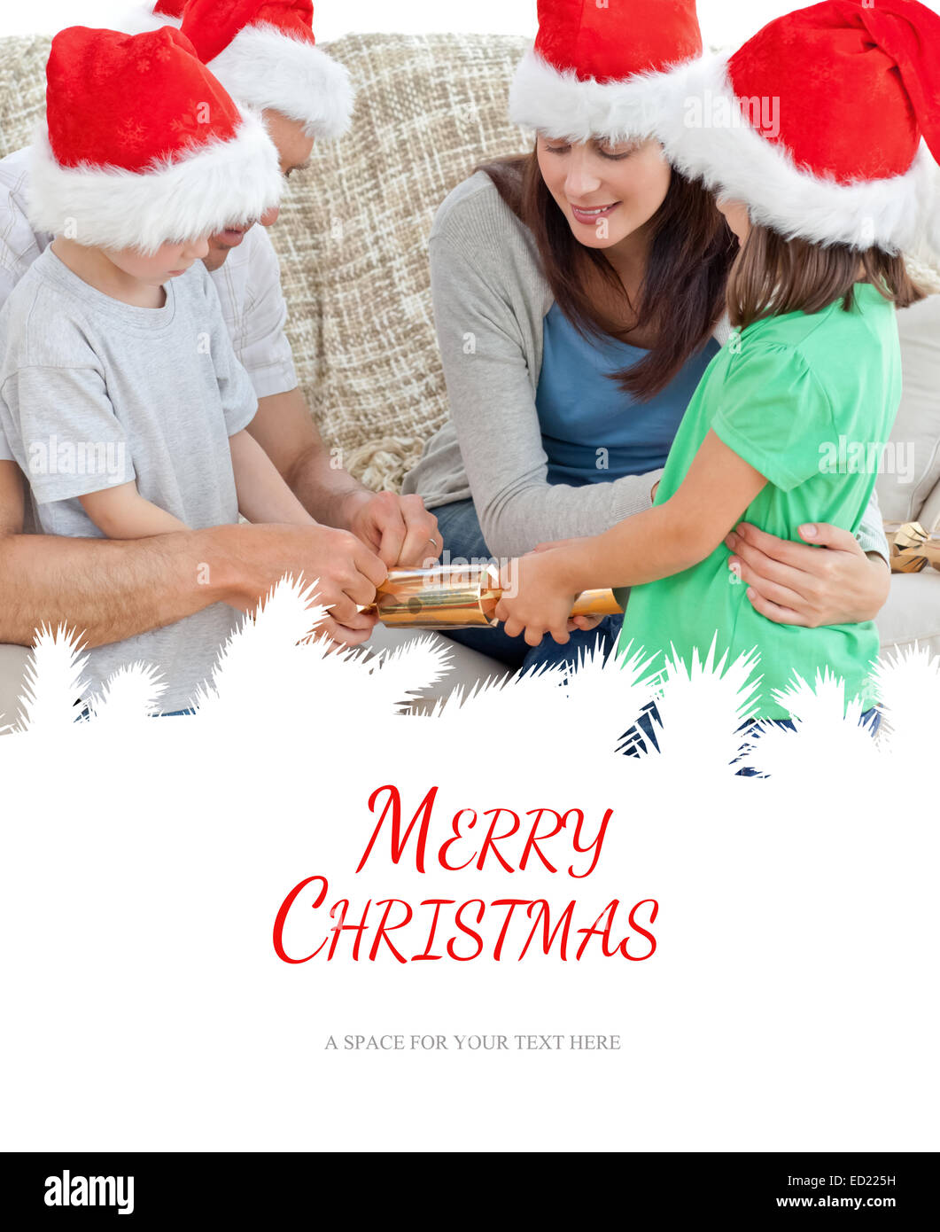 Composite image of family opening crackers together on the sofa Stock ...