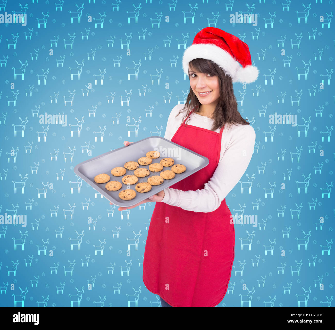 Composite image of brunette in santa hat offering hot cookies Stock ...