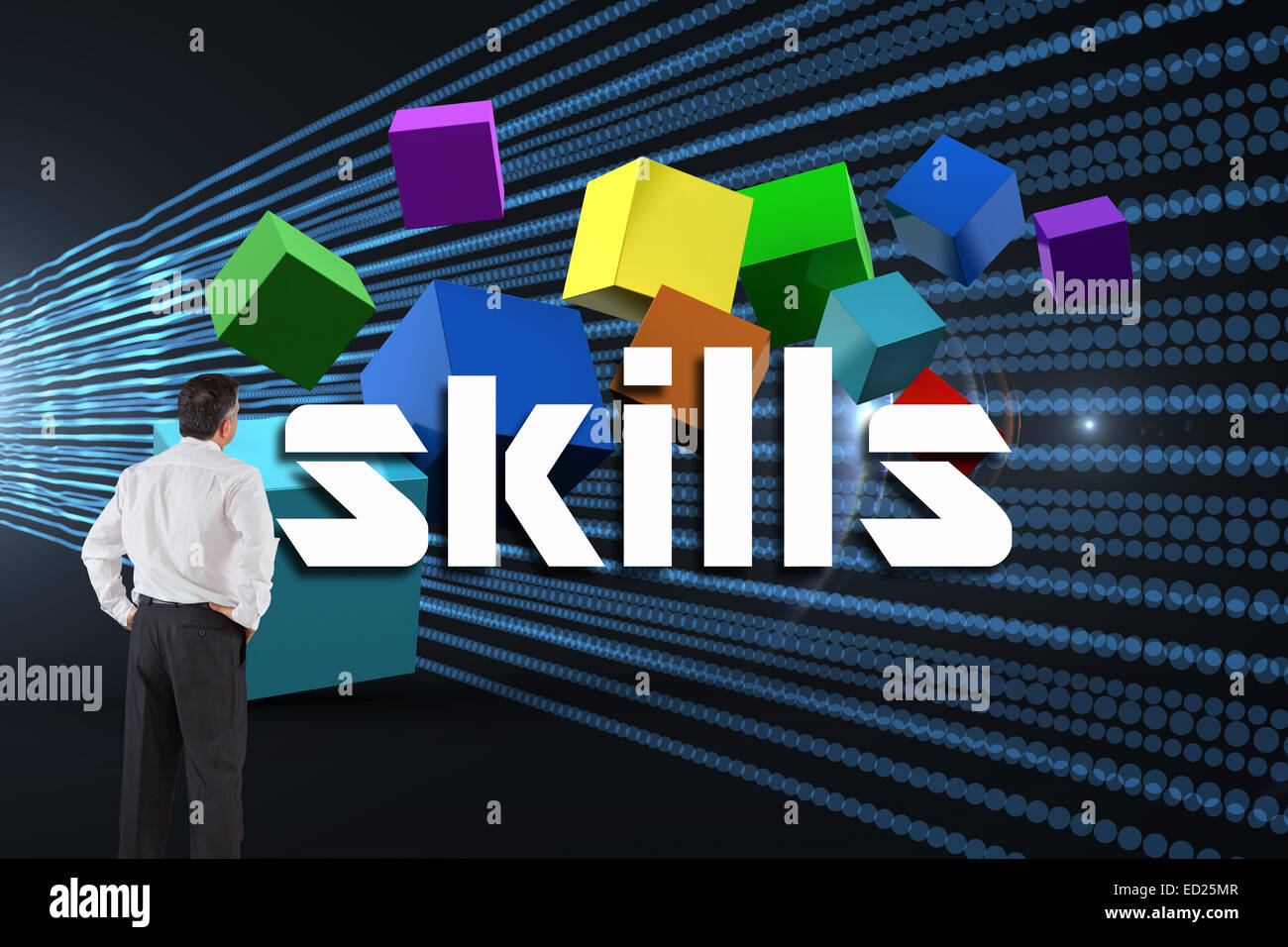 Skills against abstract shiny lines on black background Stock Photo - Alamy