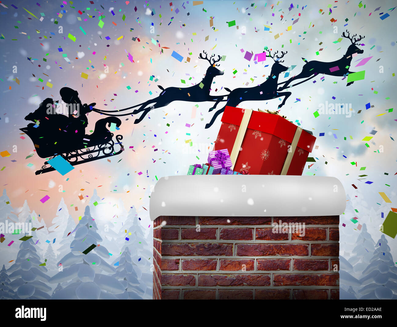 Composite image of santa flying his sleigh behind chimney Stock Photo ...