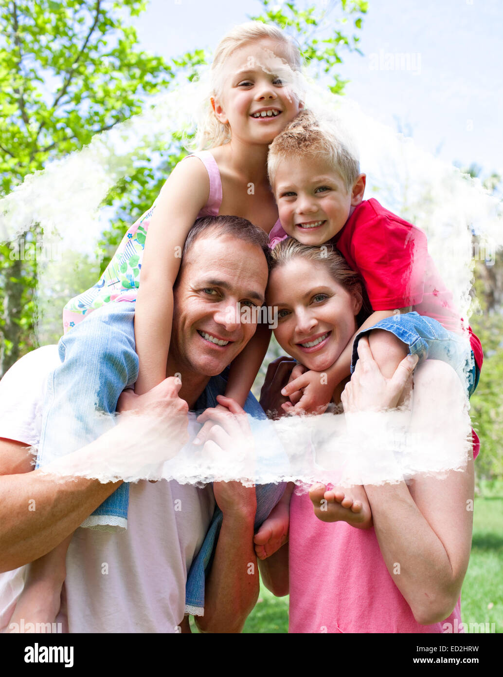 Composite image of happy parents giving their children piggyback ride ...