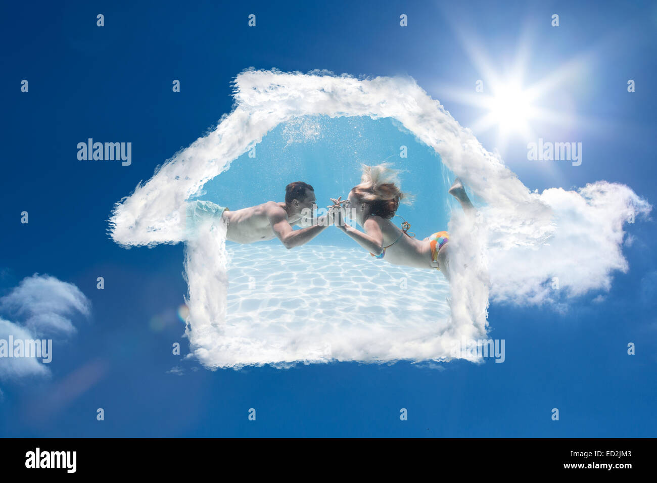 Composite image of cute couple kissing underwater in the swimming pool ...