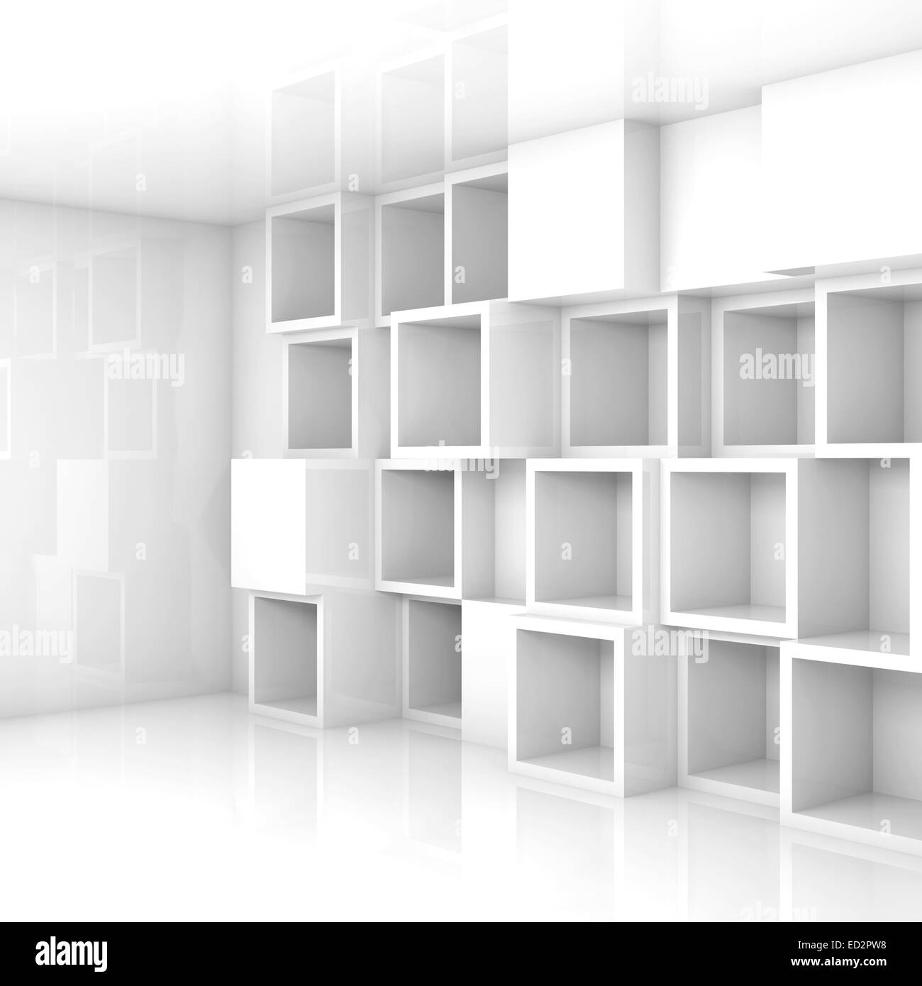 Abstract empty 3d interior with white cubes shelves on the wall Stock ...